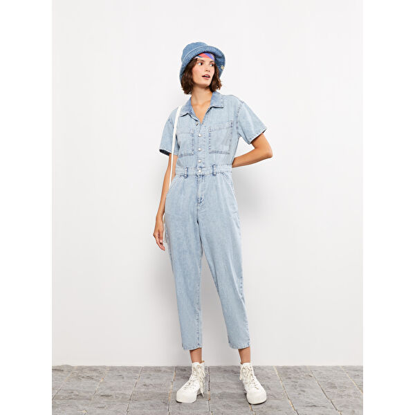 Gömlek Yaka Düz Kısa Kollu Kadın Jean Tulum