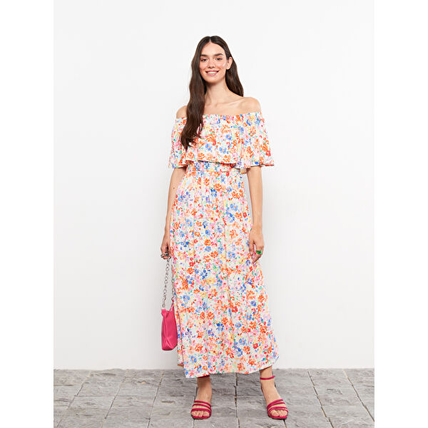 Kayık Yaka Desenli Kısa Kollu Krinkle Kadın Elbise Kayık Yaka Desenli Kısa Kollu Krinkle Kadın Elbise