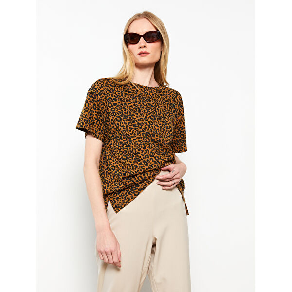 Bisiklet Yaka Desenli Kısa Kollu Pamuklu Kadın Tişört