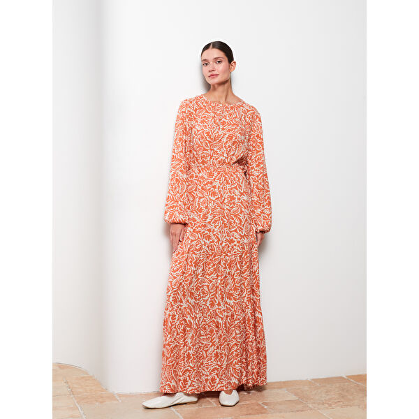 Bisiklet Yaka Desenli Uzun Kollu Viskon Kadın Elbise