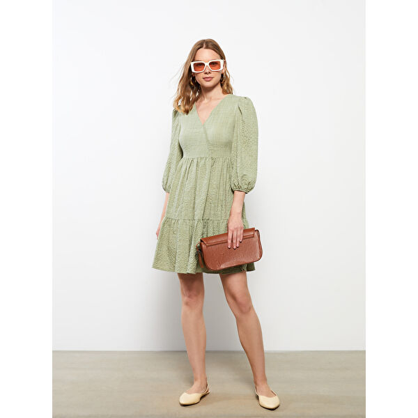 Sateen Kruvaze Yaka Düz Kadın Elbise