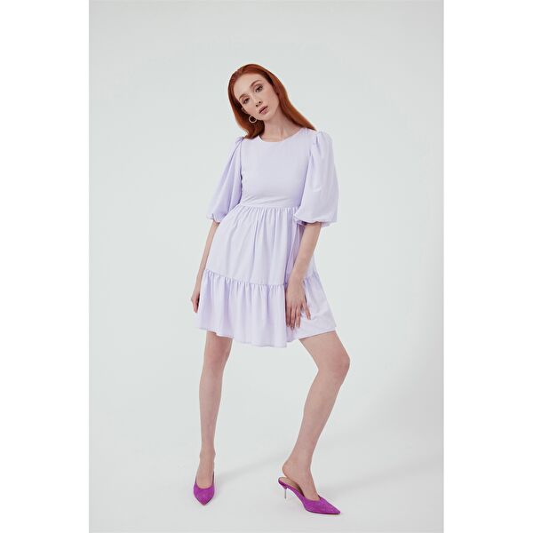 Sateen Bisiklet Yaka Düz Kısa Kollu Kadın Elbise