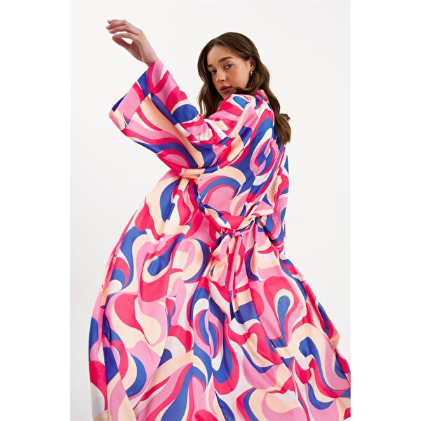 Sateen Şal Yaka Desenli Uzun Kollu Kadın Kimono