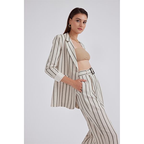 Sateen Önden Düğme Kapamalı Çizgili Uzun Kollu Viskon Kadın Ceket