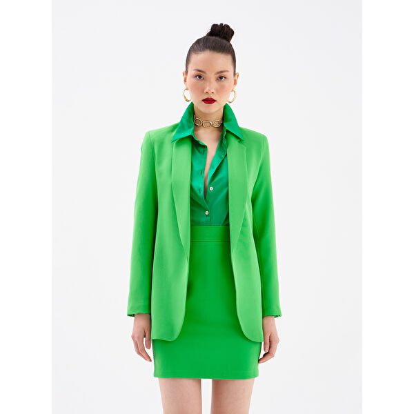 Sateen Şal Yaka Düz Uzun Kollu Kadın Ceket