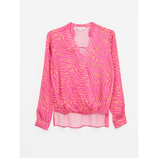 Sateen Kruvaze Yaka Desenli Uzun Kollu Kadın Bluz