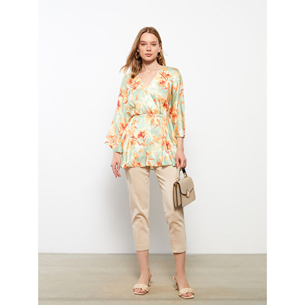 Sateen Kruvaze Yaka Desenli Uzun Kollu Kadın Bluz