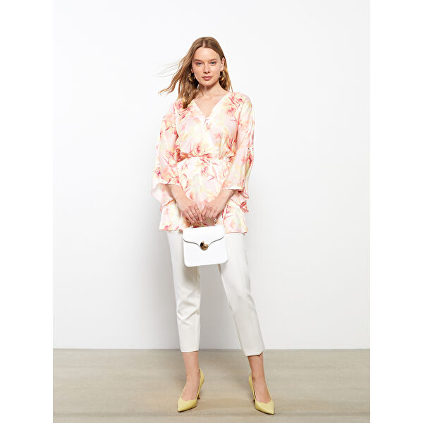 Sateen Kruvaze Yaka Desenli Uzun Kollu Kadın Bluz