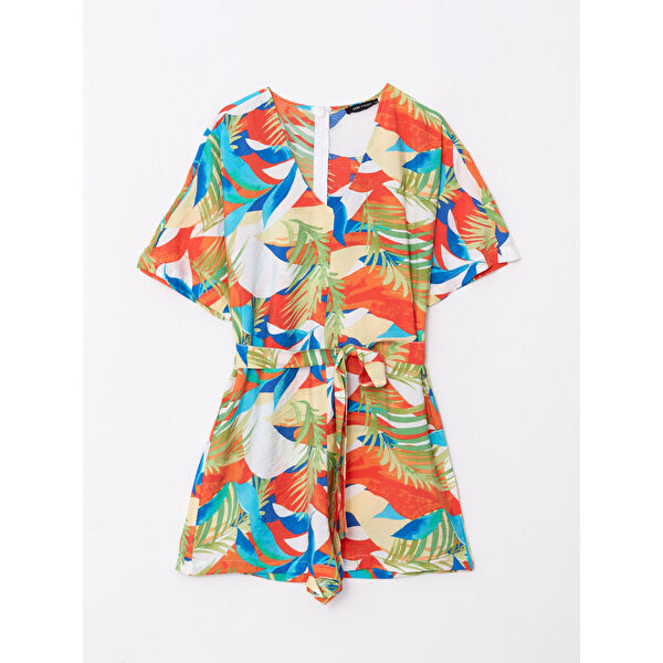 V Yaka Desenli Kısa Kollu Kadın Tulum