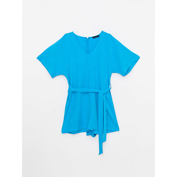 V Yaka Düz Kısa Kollu Kadın Tulum