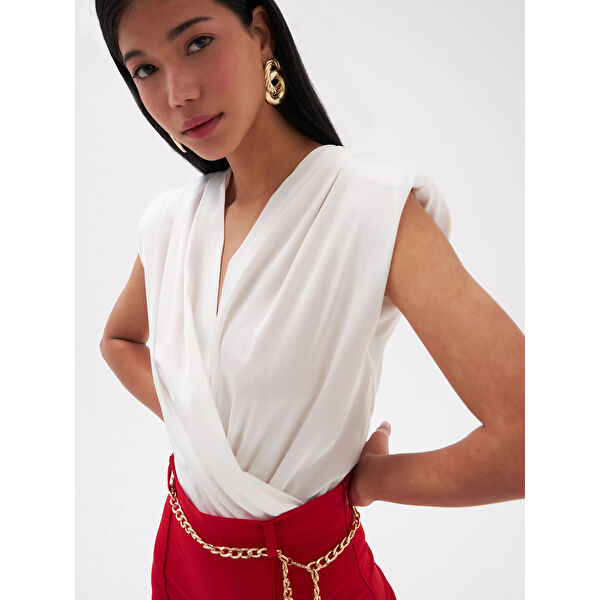 Sateen Kruvaze Yaka Düz Kolsuz Saten Kadın Bodysuit