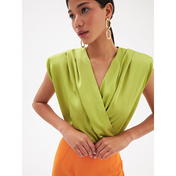 Sateen Kruvaze Yaka Düz Kolsuz Saten Kadın Bodysuit