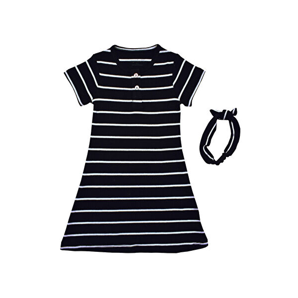 Organickid Bisiklet Yaka Çizgili Kısa Kollu Organik Pamuklu Kız Çocuk Elbise ve Saç Bandı