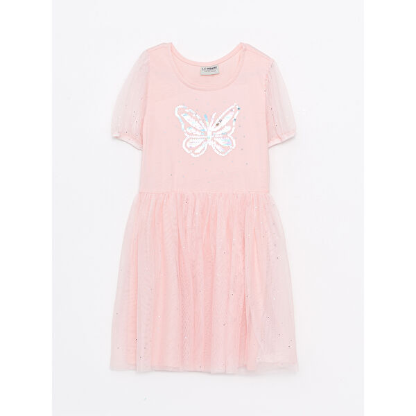 Bisiklet Yaka Pul İşlemeli Kısa Kollu Kız Çocuk Elbise Bisiklet Yaka Pul İşlemeli Kısa Kollu Kız Çocuk Elbise