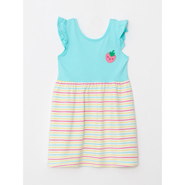 Organickid Bisiklet Yaka Çizgili Organik Pamuklu Kız Çocuk Elbise