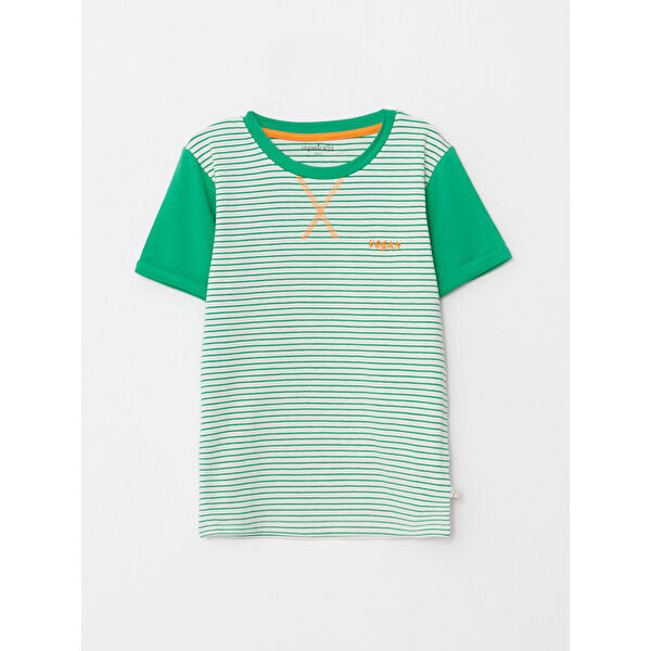Organickid Bisiklet Yaka Çizgili Kısa Kollu Organik Pamuklu Erkek Çocuk Tişört