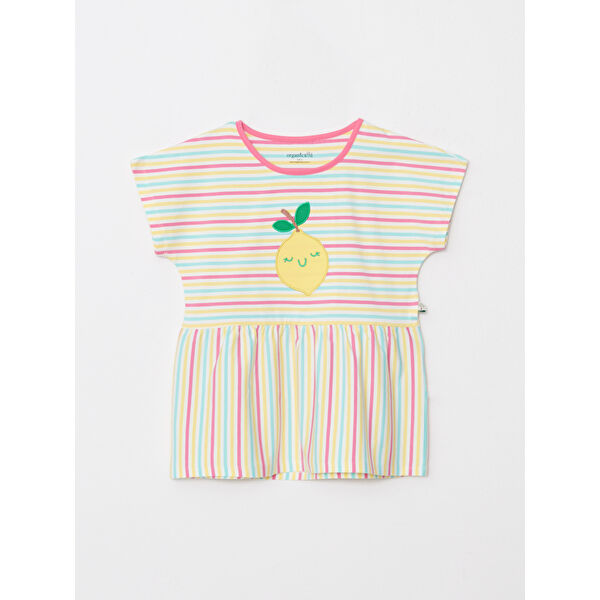 Organickid Bisiklet Yaka Çizgili Kısa Kollu Organik Pamuklu Kız Çocuk Tişört