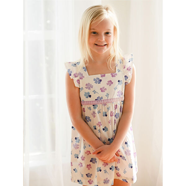 Organickid Kare Yaka Baskılı Organik Pamuklu Kız Çocuk Elbise