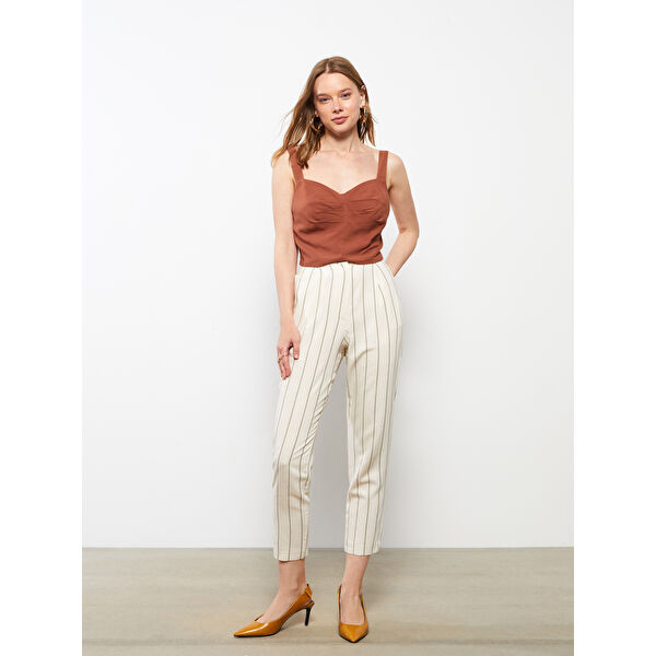 Sateen Standart Fit Çizgili Viskon Kadın Pantolon