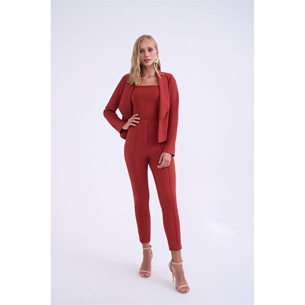 Sateen Yüksek Bel Dar Fit Düz Kadın Pantolon