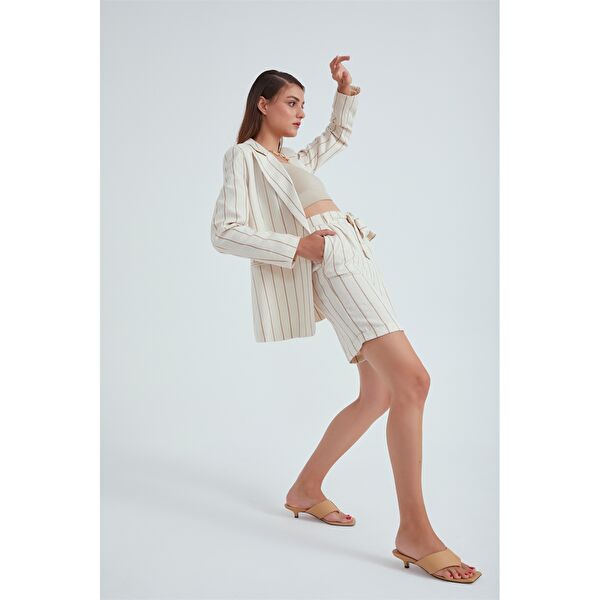 Sateen Standart Fit Çizgili Viskon Kadın Şort