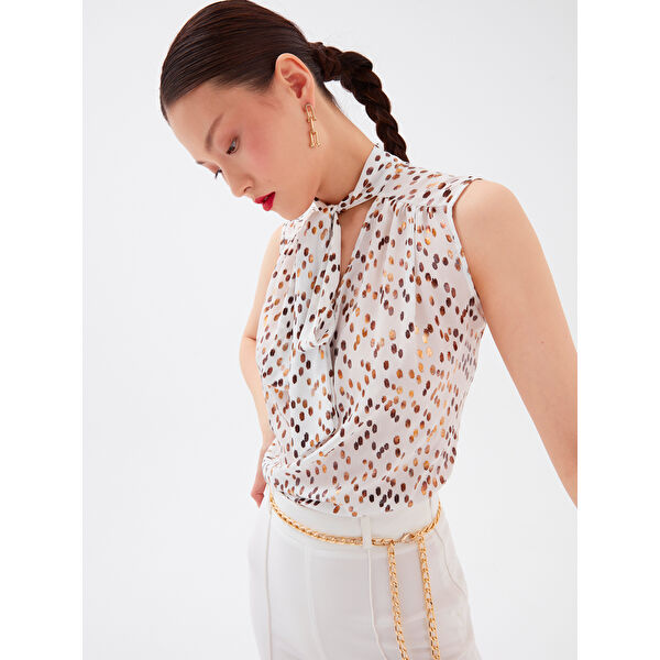 Sateen Bağlamalı Yaka Desenli Kolsuz Kadın Bluz