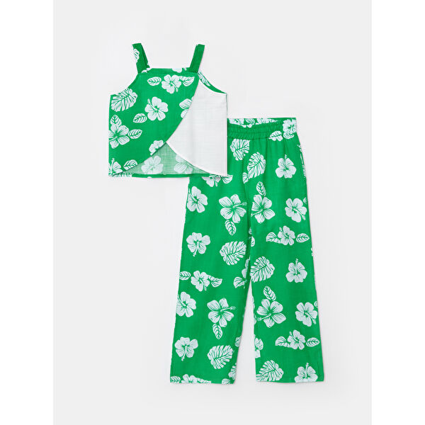 Kare Yaka Baskılı Askılı Kız Çocuk Bluz ve Pantolon