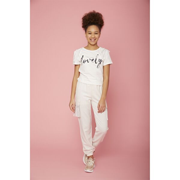 Little Star Bisiklet Yaka Baskılı Kısa Kollu Kız Çocuk Tişört ve Pantolon