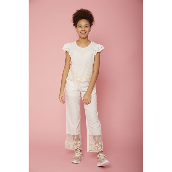 Little Star Bisiklet Yaka Nakış Detaylı Kısa Kollu Kız Çocuk Tişört ve Pantolon