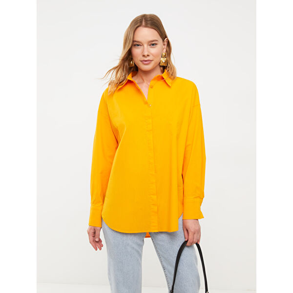 QUZU Önden Düğme Kapamalı Düz Uzun Kollu Pamuklu Oversize Kadın Gömlek