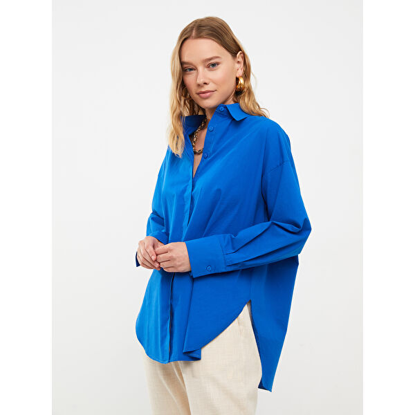 QUZU Önden Düğme Kapamalı Düz Uzun Kollu Pamuklu Oversize Kadın Gömlek