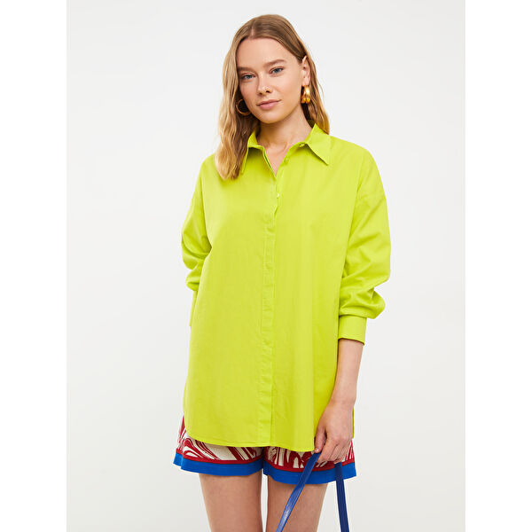 QUZU Önden Düğme Kapamalı Düz Uzun Kollu Pamuklu Oversize Kadın Gömlek