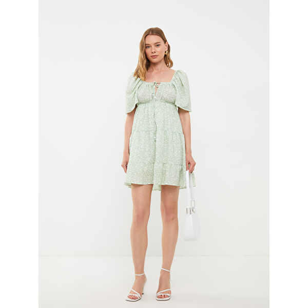 QUZU Bağlamalı Yaka Desenli Kısa Kollu Kadın Elbise QUZU Bağlamalı Yaka Desenli Kısa Kollu Kadın Elbise