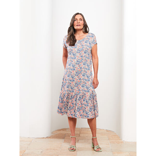 Bisiklet Yaka Desenli Kısa Kollu Kadın Elbise