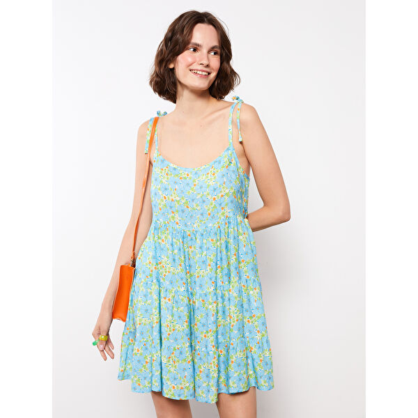 U Yaka Desenli Askılı Viskon Kadın Elbise