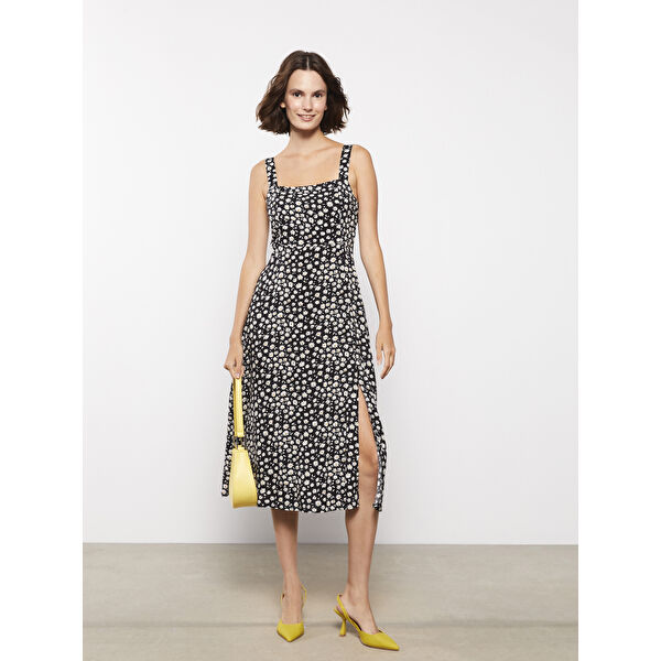 Kare Yaka Desenli Askılı Viskon Kadın Elbise