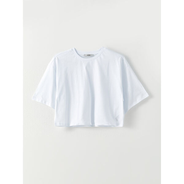 Bisiklet Yaka Düz Kısa Kollu Crop Pamuklu Kadın Tişört