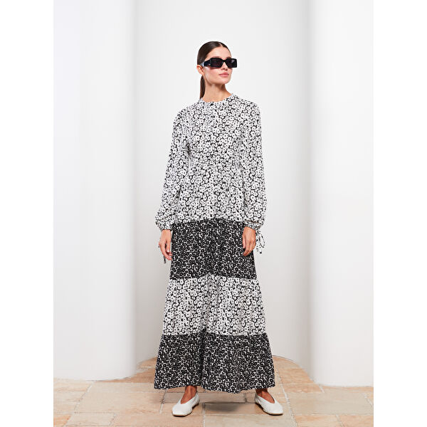 Bisiklet Yaka Çiçekli Uzun Kollu Viskon Kadın Elbise