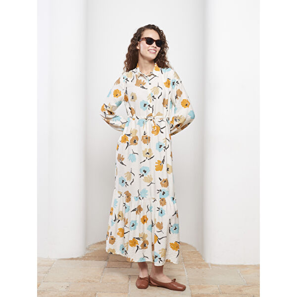 Gömlek Yaka Desenli Uzun Kollu Kadın Elbise