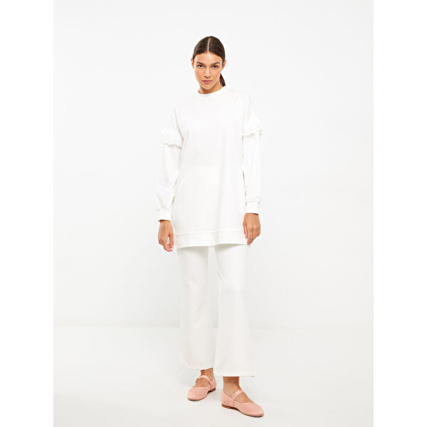 Bisiklet Yaka Nakışlı Uzun Kollu Oversize Kadın Tunik