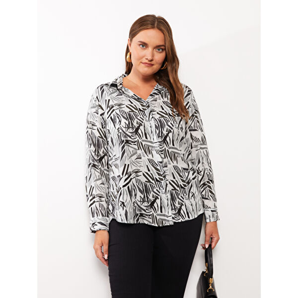 Önden Düğme Kapamalı Desenli Uzun Kollu Viskon Kadın Gömlek Önden Düğme Kapamalı Desenli Uzun Kollu Viskon Kadın Gömlek