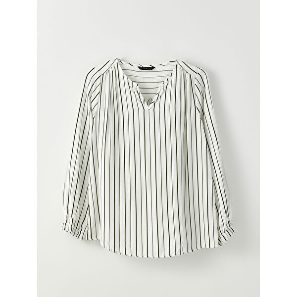 Kaçık Yaka Çizgili Uzun Kollu Viskon Kadın Bluz Kaçık Yaka Çizgili Uzun Kollu Viskon Kadın Bluz