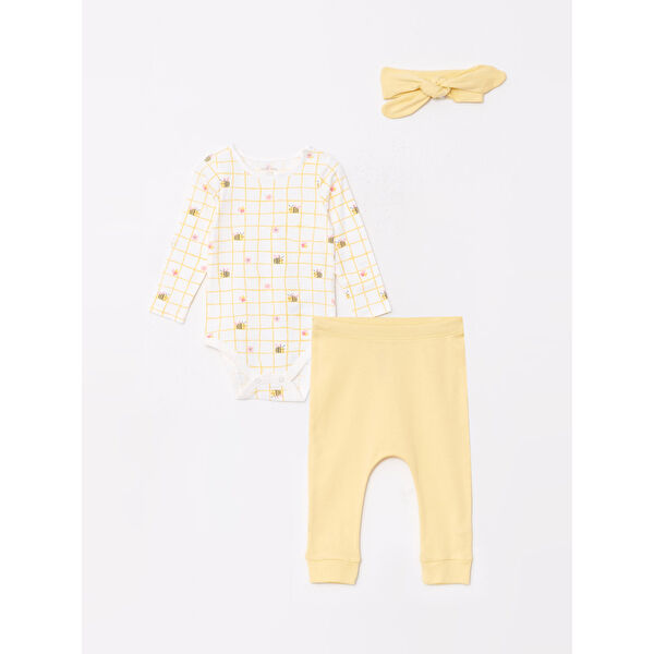 Bisiklet Yaka Uzun Kollu Baskılı Kız Bebek Çıtçıtlı Body Pantolon ve Saç Bandı 3'lü Takım