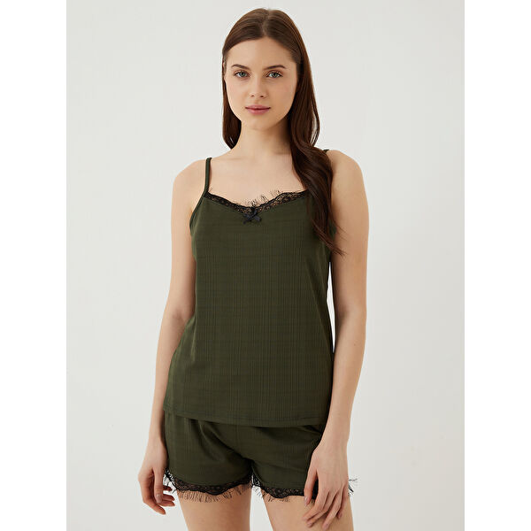 ECROU V Yaka Düz Askılı Kadın Pijama Takımı