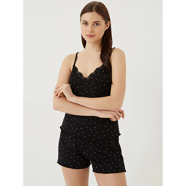 Ecrou V Yaka Çiçekli Askılı Kadın Pijama Takımı