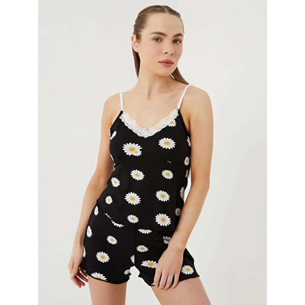 Ecrou V Yaka Çiçekli Askılı Kadın Pijama Takımı