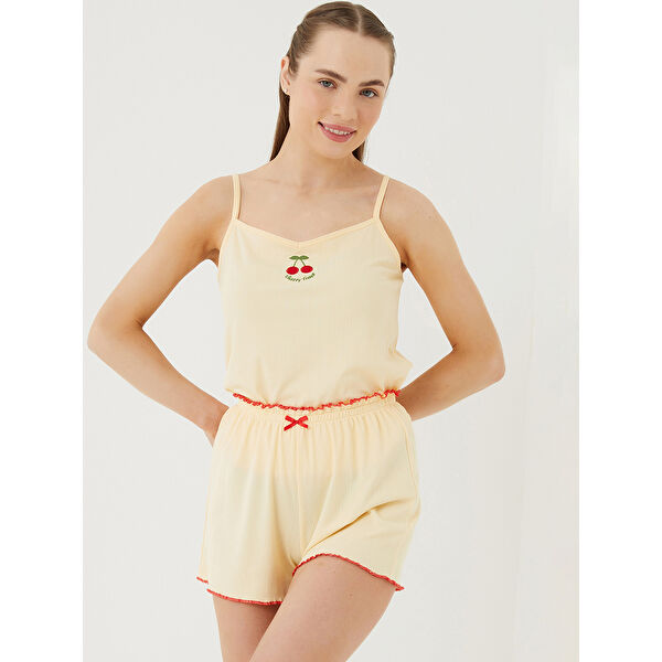 Ecrou Kalp Yaka Baskılı Askılı Kadın Pijama Takımı