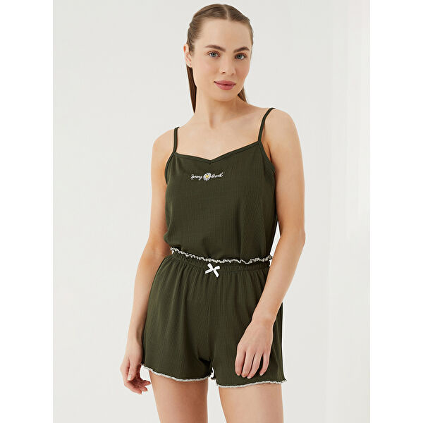 Ecrou Kalp Yaka Baskılı Askılı Kadın Pijama Takımı