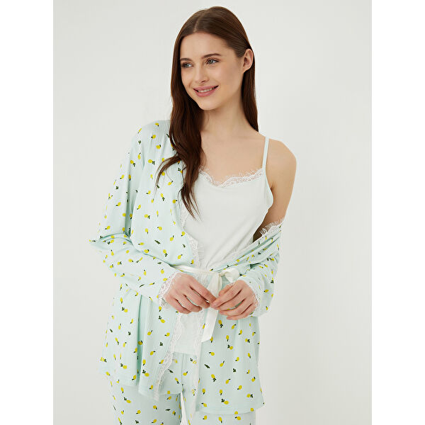 Ecrou Şal Yaka Desenli Uzun Kollu Kadın Pijama Takımı