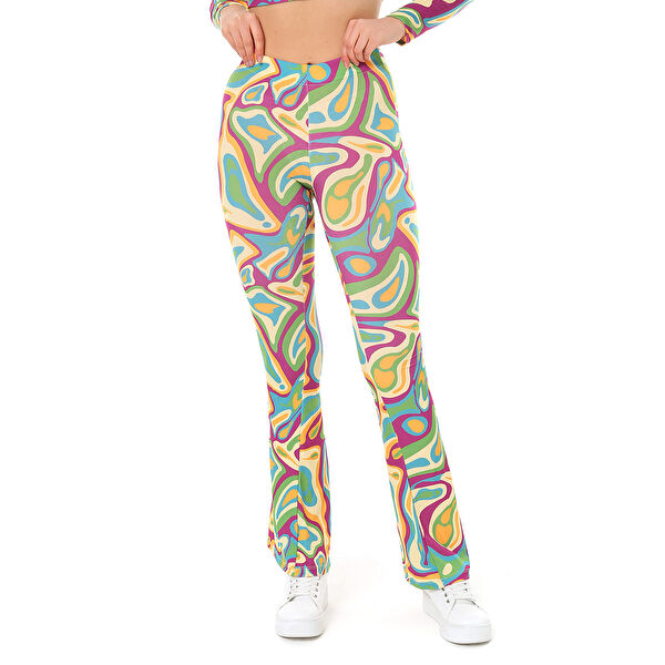 Ecrou Beli Lastikli Desenli Kadın Pantolon